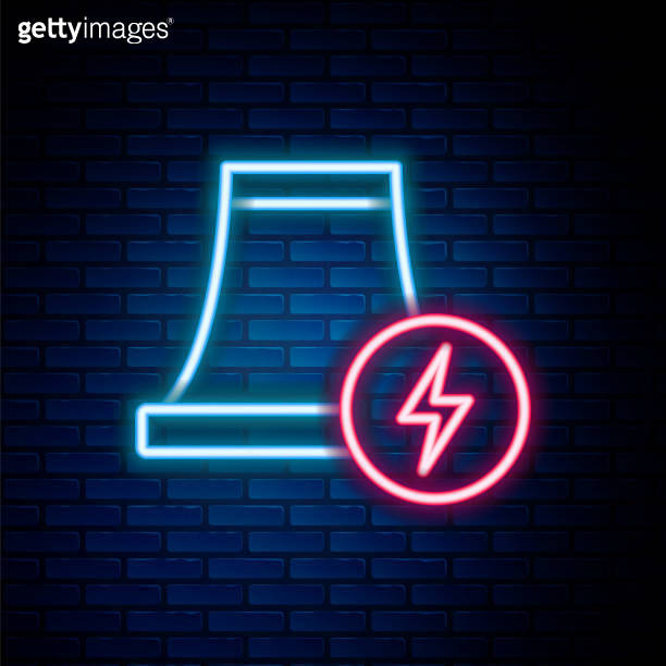 Glowing neon line Nuclear power plant icon isolated on brick wall ...