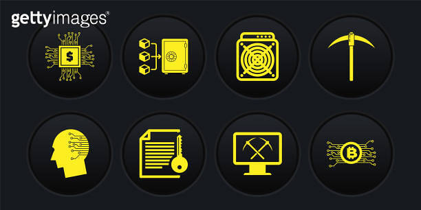 Set Brain as digital circuit board, Pickaxe, Smart contract, Mining with monitor and pickaxe ...