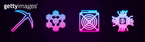 Set line Pickaxe, Blockchain technology, ASIC Miner and CPU mining farm. Glowing neon icon ...