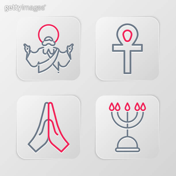 Set line Hanukkah menorah, Hands in praying position, Cross ankh and ...