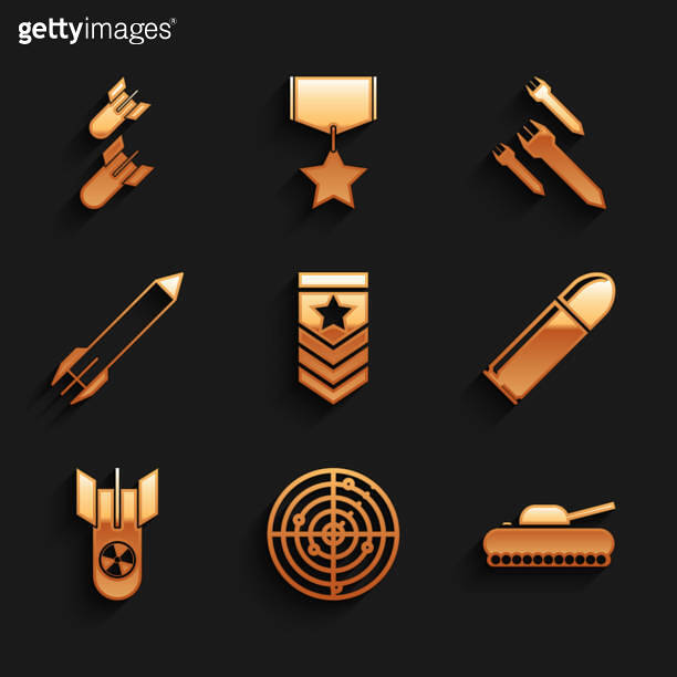 Set Chevron, Radar with targets, Military tank, Bullet, Nuclear bomb ...