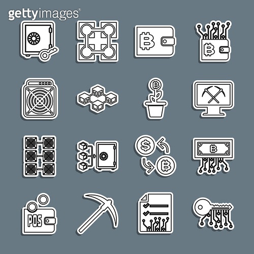 Set line Cryptocurrency key, bitcoin with circuit, Mining monitor and pickaxe, wallet ...