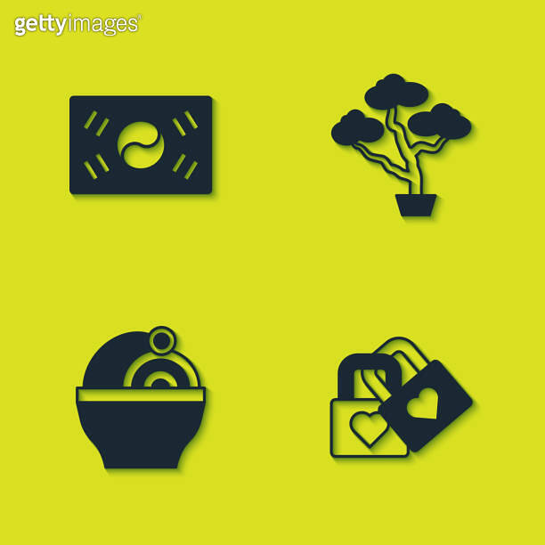 Set South Korea flag, Lock with heart, Ramen and Bonsai tree icon ...