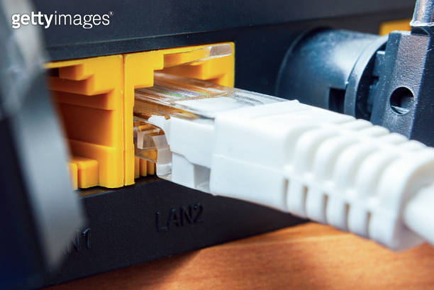 Home and office lan router with inserted internet white cable. Wi-Fi ...