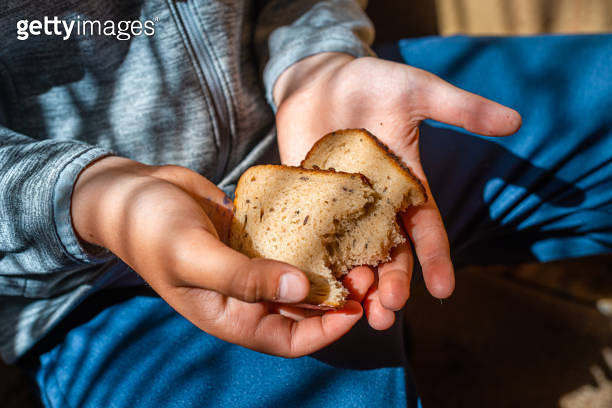Poor Child homeless, beggar kid holds a pieces of black bread, war ...
