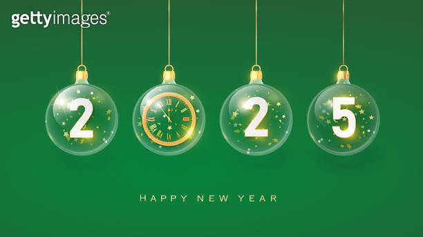 2025 Happy New Year in green. 2025 Golden metal number in glass bauble ...