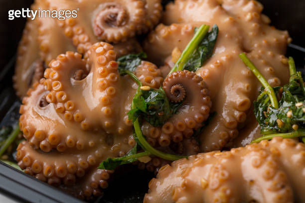 Closeup view of Chinese food cooked octopus 이미지 (2153871846) - 게티이미지뱅크