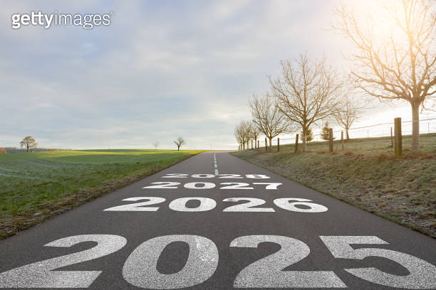 Summer asphalt curvy road with new year numbers 2025, 2026, 2027, 2028 ...