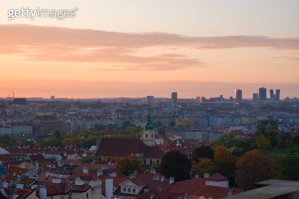 Dawn over Prague. The urban skyline of an ancient European city at dusk ...