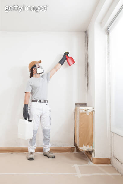 Man worker spraying product on wall to remove mold, wearing protective ...