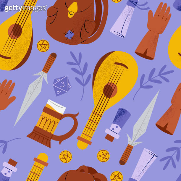 Seamless pattern with Bard RPG character equipment (2114353545) - 게티이미지뱅크