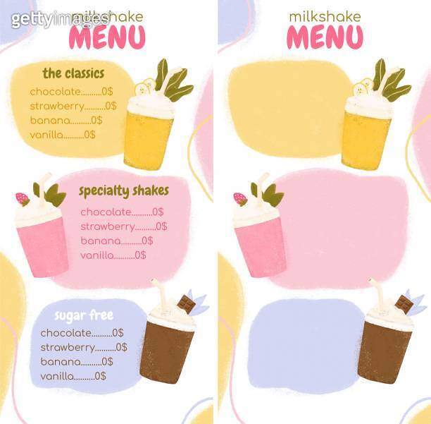 Milkshake menu template with illustrations of cocktail glasses and ...