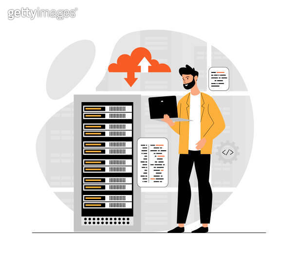 Cloud computing, storage concept. Engineer works in server room, developing, maintenance ...