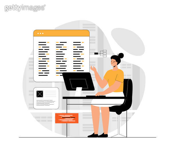 Software development, programming, coding. Woman working on web and ...