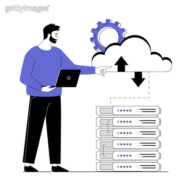 Cloud data center. Cloud storage technology. Man support work of servers and hosting in hardware ...