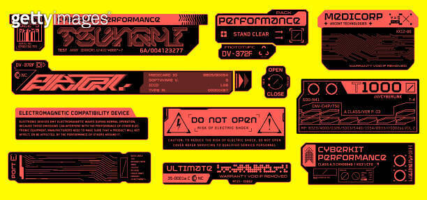 Cyberpunk decals set. Set of vector stickers and labels in futuristic ...