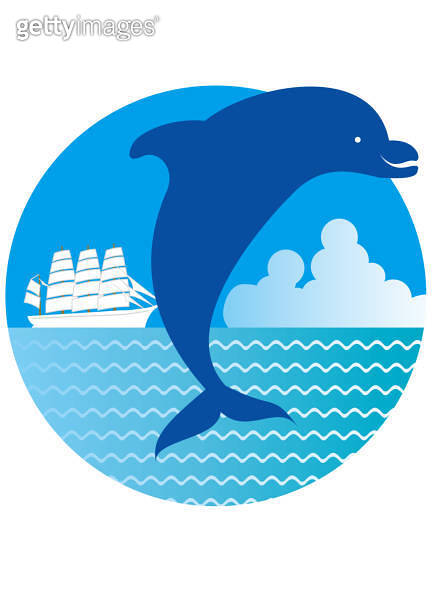 A dolphin jumping across the vast ocean with a sailing ship in the ...