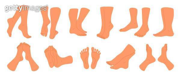 Naked feet. Different angles and positions of human legs. Male ankles ...