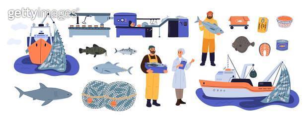 Fishing industry. Fishery elements. Vessel with nets. Processing ...