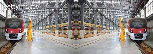 sky train in factory workplace. Maintenance plant of Sky Train. Public ...