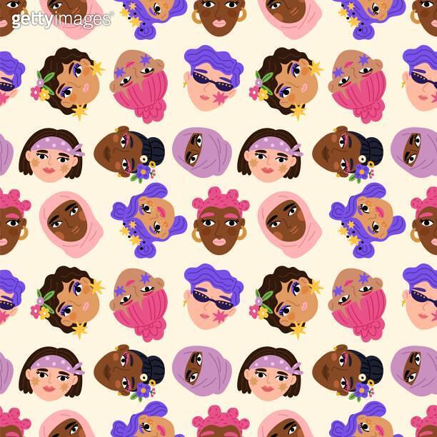 Quirky female portraits seamless pattern. Modern women faces front view ...