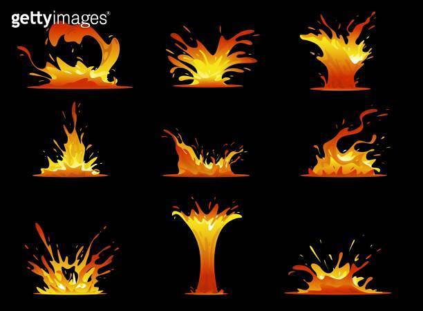 Lava splashes. Game effect. Dangerous liquid fire. Magma fountains. Hot ...