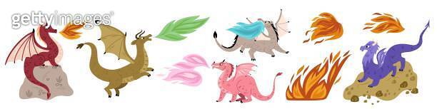 Fire breathing dragons. Cartoon mythical creatures. Flying fabulous ...