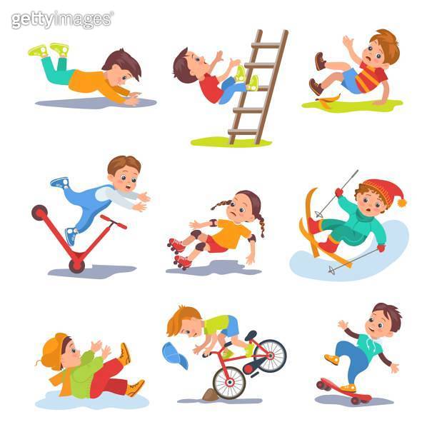 Falling children. Kids lose balance. People stumble or slip. Traumatic ...