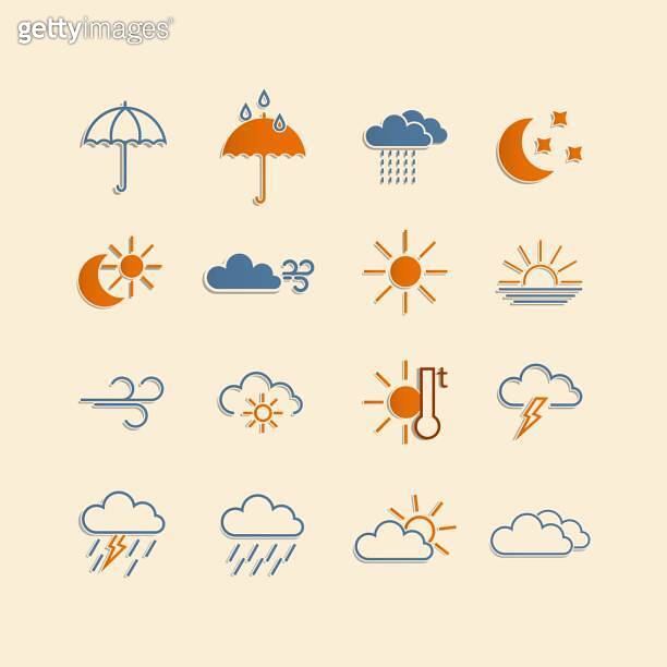 Vector set of weather icons. Sun and rain, wind and snow and many ...