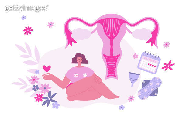 Happy woman during her period with a heart in her hand sitting on the ...