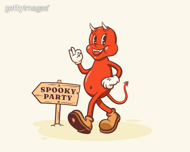 Halloween Groovy Demon Retro Character. Cartoon Devil Walking and ...