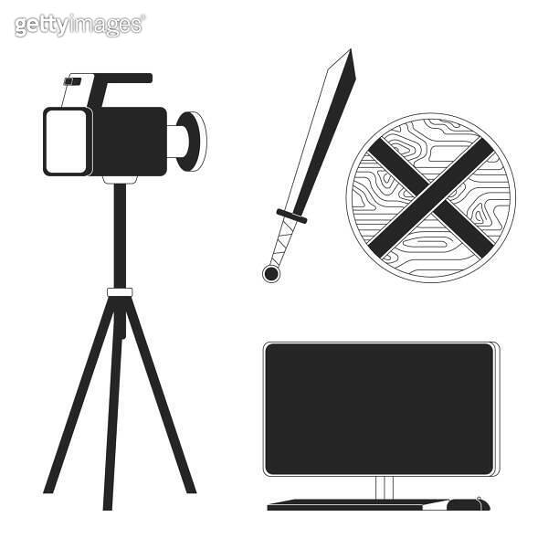 Action movie shooting black and white 2D line cartoon objects set 이미지 ...