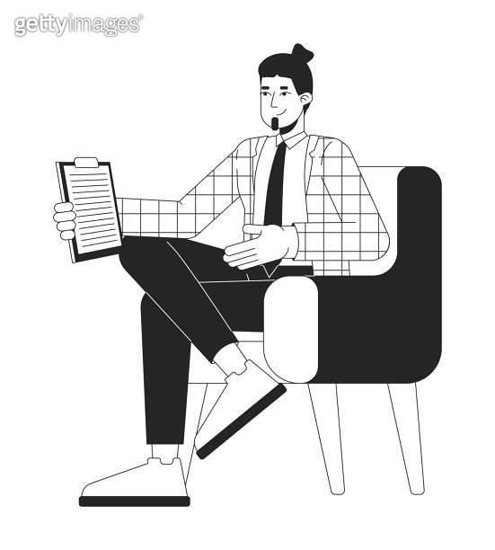 Caucasian man tv host sitting armchair relaxed black and white 2D line ...