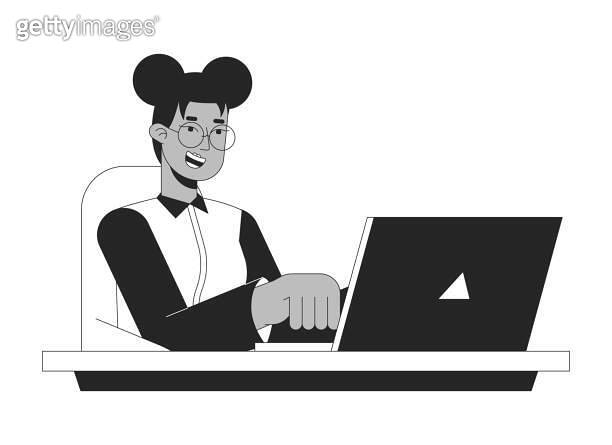 Inspired happy female employee typing laptop black and white 2D line ...
