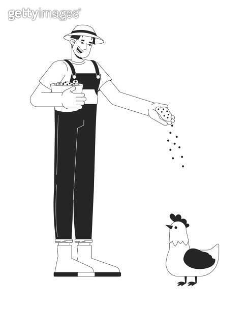 Happy asian man farmer feeding chicken 2D cartoon character (2163017197 ...