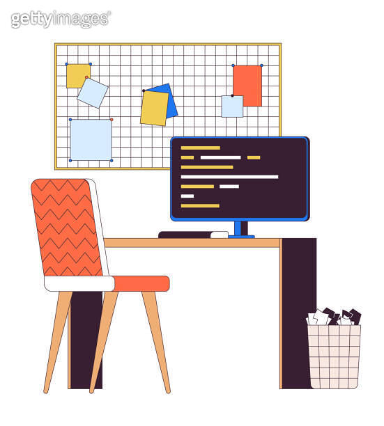 Office worker desk with computer 2D linear cartoon objects (2148928866 ...