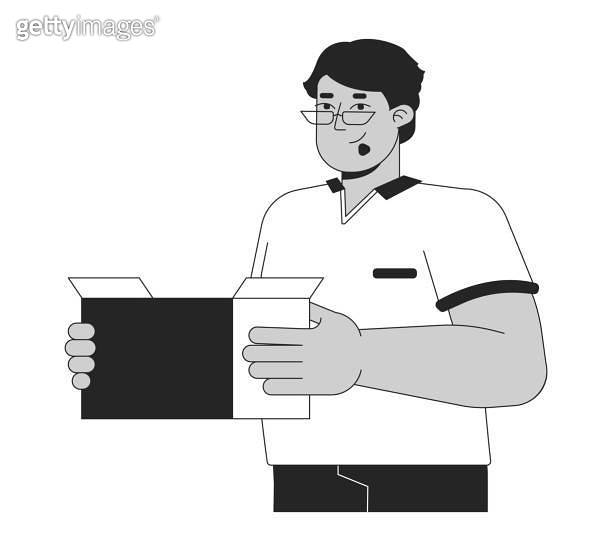 Big boned arab man with box black and white 2D line cartoon character 이미지 (2154819265) - 게티이미지뱅크