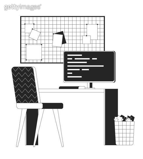 Office worker desk with computer black and white 2D line cartoon object 이미지 (2149616833) - 게티이미지뱅크