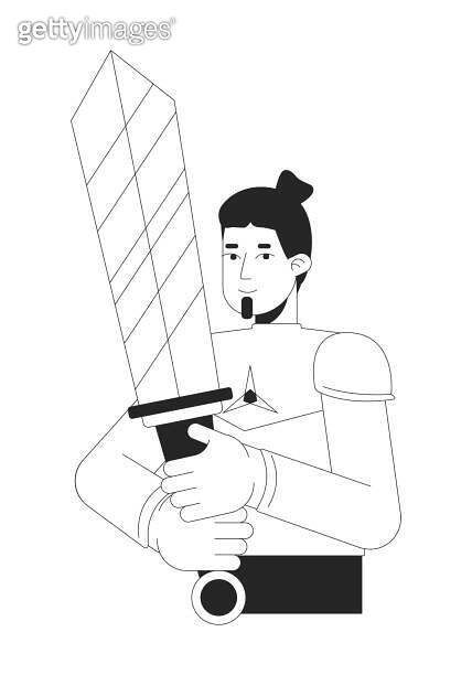 Caucasian man holding sword black and white 2D line cartoon character ...