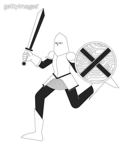 Brave knight running with armor black and white 2D line cartoon ...