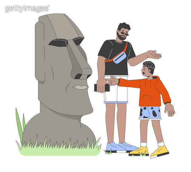 African american son and dad visit moai statue 2D linear cartoon ...