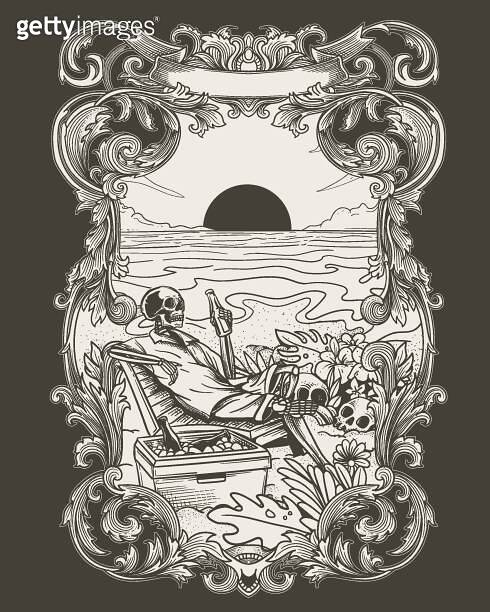 Sketch of a chill skeleton on ornament frame 이미지 (2149195496) - 게티이미지뱅크