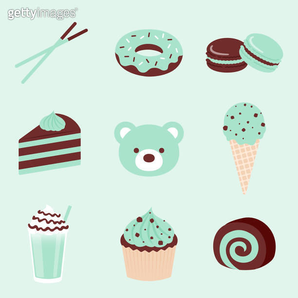vector background with a set of mint chocolate cakes and desserts for ...