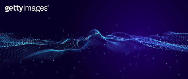 Futuristic wave of dots with moving particles. Abstract technology background. 3D visualization ...