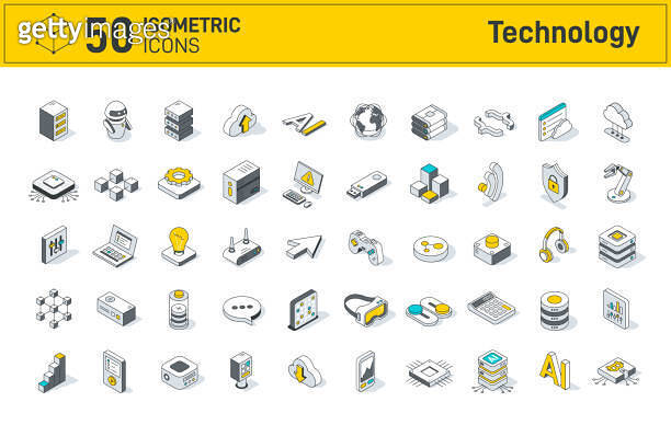 Technology isometric icon. Modern outline line 3d style. Global Connection, Cloud Data ...