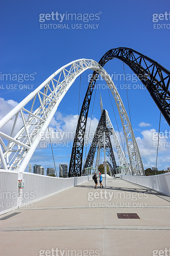 Tourists walking on Matagarup suspension pedestrian bridge over Swan ...