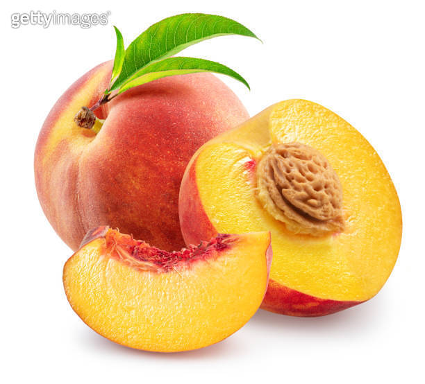 Ripe red peach with juicy peach slices and green leaf isolated on white ...