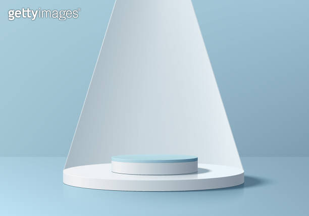3D round product podium blue background with white curve backdrop ...