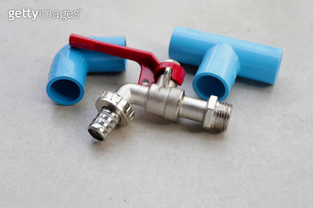 Faucet with blue pvc pipe connections for plumbing work. 이미지 ...
