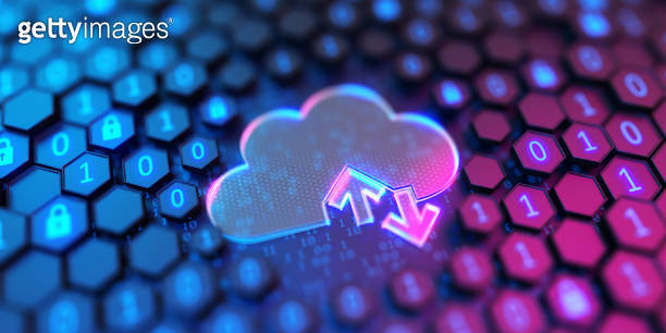 Cloud computing. Futuristic digital background. Hexagon shell with binary code and glowing cloud ...